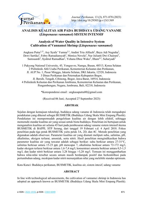 Pdf Analisis Kualitas Air Pada Budidaya Udang Vaname Litopenaeus