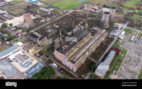 Aerial Drone View Of Decommissioned Nuclear Power Plant Abandoned
