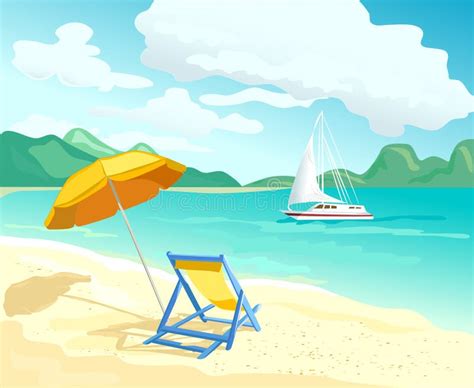 Beach With Sun Umbrella And Two Lounge Chairs Stock Illustration