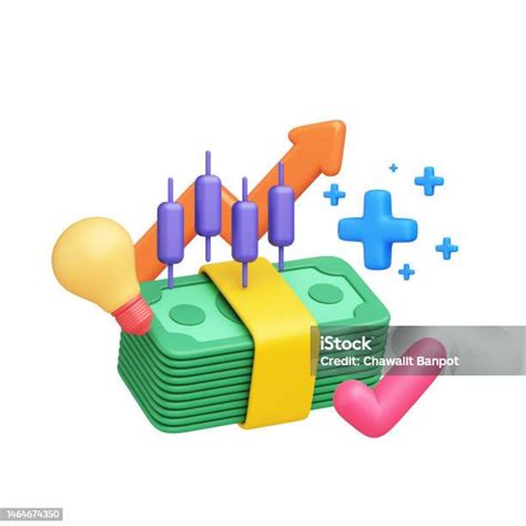 화살표 그래프 표시기 그래프 기호 및 전구가 있는 달러 개체의 스택 주식 시장 투자에서 이익을 창출하는 성공적인 비즈니스 전략 클리핑 패스 3d 그림입니다 3차원 형태에