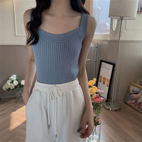 Alisasonya Women Knitted Tank Vest Korean Style Stretchy Plain Solid