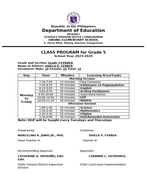 Class Teachers Program Grade 5 2023 2024 Pdf