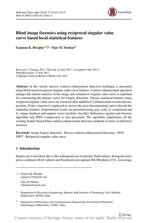 Blind Image Forensics Using Reciprocal Singular Value Curve Based Local