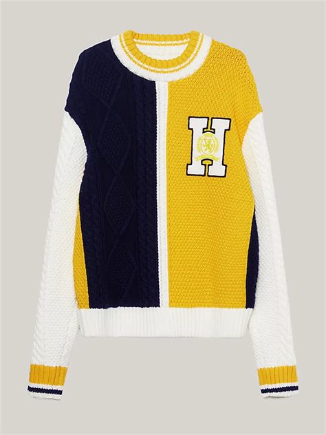 Crest Embroidery Mixed Knit Colour Blocked Jumper White Tommy Hilfiger