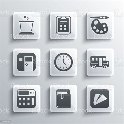 팔레트 아이콘이 있는 책 종이 비행기 스쿨 버스 시계 계산기 교실 무대 스탠드 및 페인트 브러시를 설정합니다 벡터 가정의 방에 대한 스톡 벡터 아트 및 기타 이미지 Istock