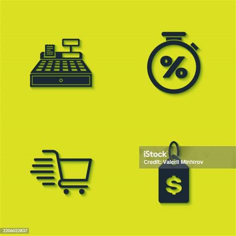 금전 등록기 기계 달러가 있는 가격표 장바구니 및 스톱워치 및 퍼센트 아이콘을 설정합니다 벡터 검은색에 대한 스톡 벡터 아트 및 기타 이미지 Istock