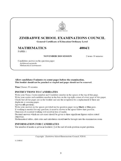 Zimsec O Level Mathematics November 2018 Past Exam Paper 1 Pdf Elibrary Pdf