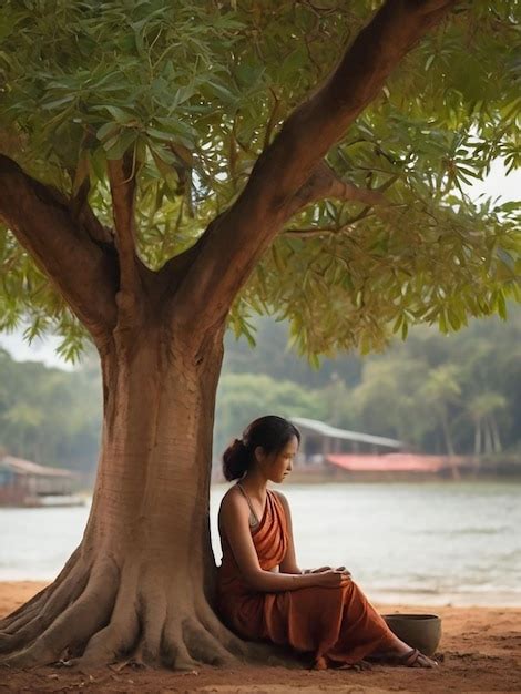 Premium Photo A Girl Is Sitting Under A Tree