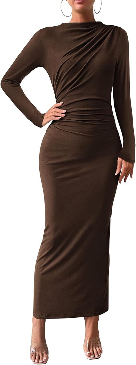 Btfbm Women Bodycon Maxi Dress Long Sleeve Back Slit Ruched Elegant