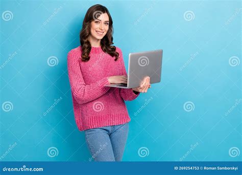 Photo Of Young Positive Programmer Girl Wear Pink Knitted Stylish