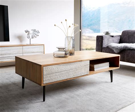 Couchtisch Kleo 115x60 Cm Akazie Natur 2 Schübe Winkelfuß Metall