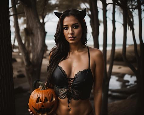 Premium Photo Sexy Female Model Black Lingerie Bra Holding Pumpkin