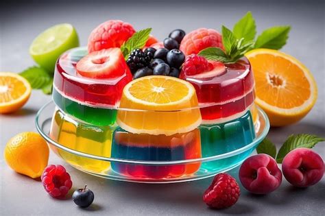 Fresh Colorful Jelly In Glass Plate With Fruit Premium Ai Generated Image