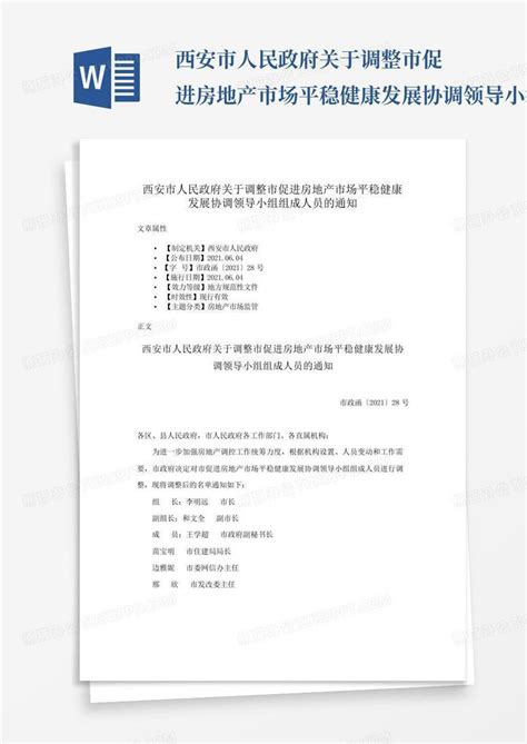 西安市人民政府关于调整市促进房地产市场平稳健康发展协调领导小组组Word模板下载 编号qbpdzgwn 熊猫办公