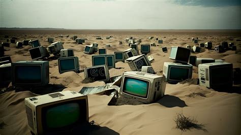 Desert Covered With Old Analog Tv Sets At Summer Daylight Neural