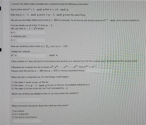 Solved Point The Miller Rabin Primality Test Is Based Chegg
