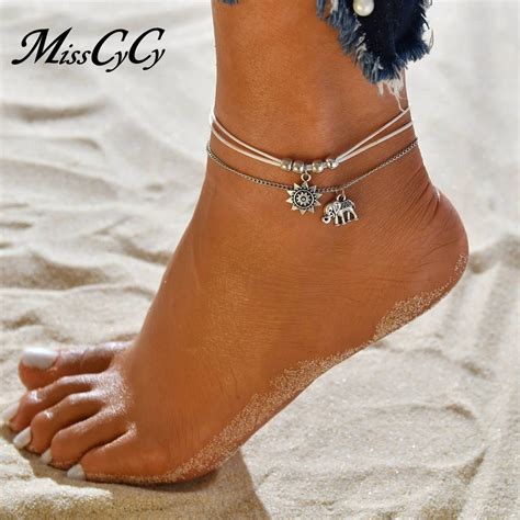 Misscycy Vintage Alloy Sun Elephant Ankle Bracelet For Women Boho