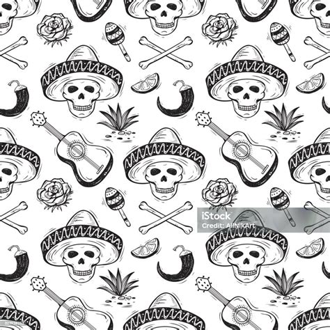 멕시코 벡터 완벽 한 패턴입니다 디 아 드 로스 안 돼 죽음의 날입니다 휴가 기호 멕시코 배경 멕시코 두개골 기타 칠레 고추 뼈