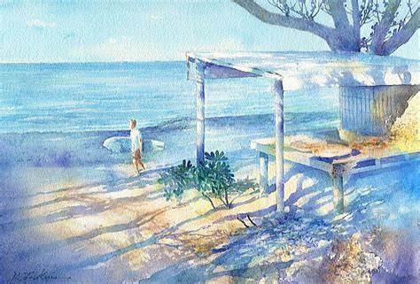 水彩画テラス沖縄の風景朝陽竹富島水彩画