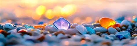 Beautiful Colorful Sea Glass And Pebbles On The Beach At Sunset Closeup