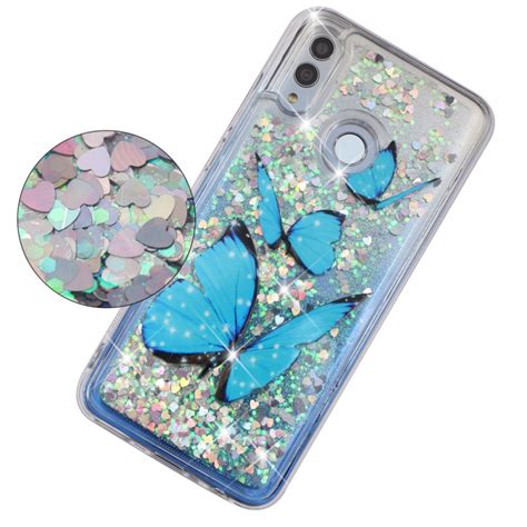 Etui z pływającymi cekinami motyle do Honor Lite Huawei P Smart niebieskie