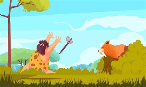 Jagen In De Steentijd Kleurrijke Illustratie Met Prehistorische Man