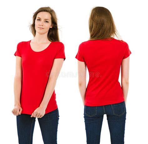 Jeune Femme De Brune Avec La Chemise Rouge Vide Photo Stock Image Du