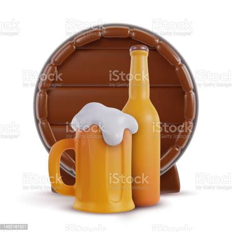 3d 현실적인 노란색 맥주 머그잔 흰색 배경에 격리된 나무 통이 있는 병 최소한의 만화 광택 스타일로 디자인 요소를 설정하십시오