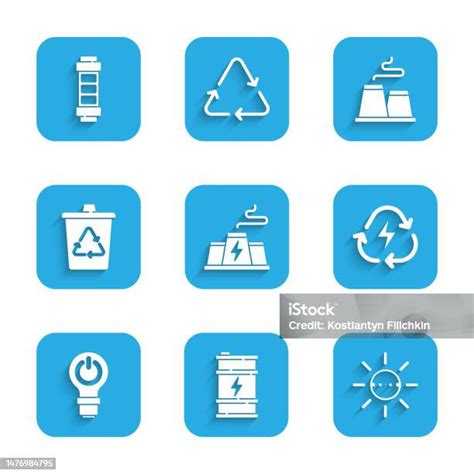 발전소 공장 공장 바이오 연료 배럴 태양 에너지 패널 재활용 배터리 전구 번개 휴지통 공장 및 아이콘을 설정합니다 벡터 건축하기에 대한 스톡 벡터 아트 및 기타 이미지