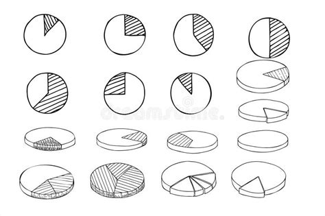 hand drawn set of pie charts with segmented sections in different