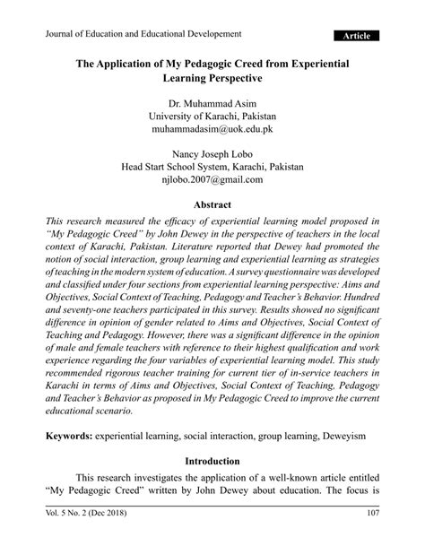 Pdf The Application Of “my Pedagogic Creed” From Experiential