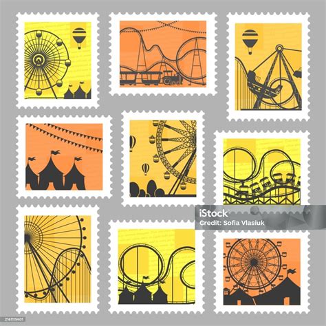 Postal Stamp Set With Fair Carousels Silhouette Stock Illustration
