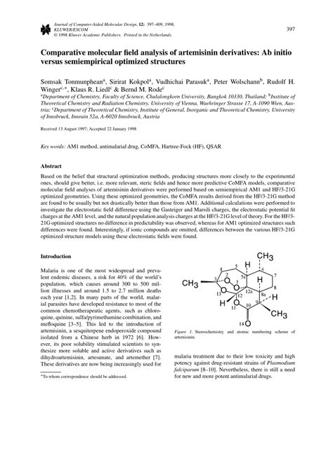 Pdf Comparative Molecular Field Analysis Of Artemisinin Derivatives Ab Initio Versus