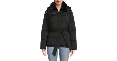 Calvin Klein Faux Fur Collar Hooded Puffer Jacket In Blue Lyst