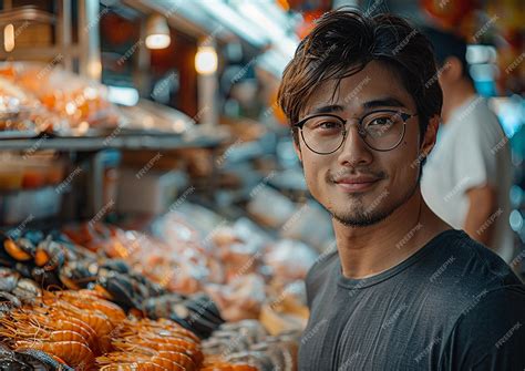Premium Photo A Man Wearing Glasses Standing In Front Of A Food Display