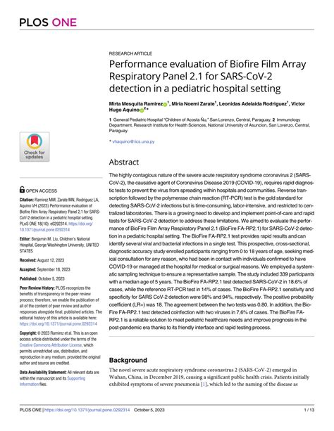 Pdf Performance Evaluation Of Biofire Film Array Respiratory Panel 2 1 For Sars Cov 2