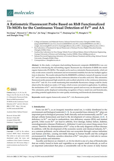 Pdf A Ratiometric Fluorescent Probe Based On Rhb Functionalized Tb
