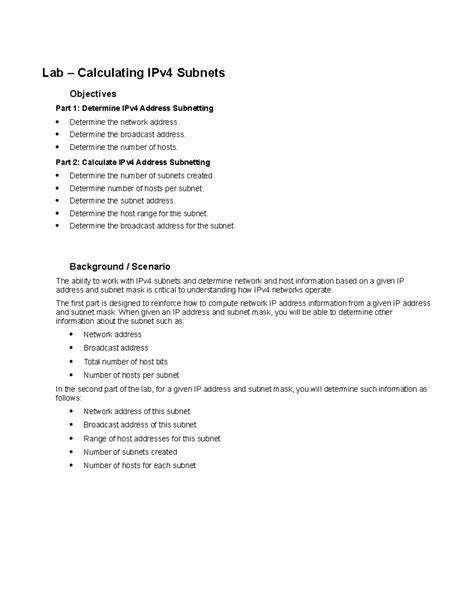 Week 3 Lab3 Calculating Ipv4 Subnets Objectives Part 1 Determine Ipv4 Address Subnetting