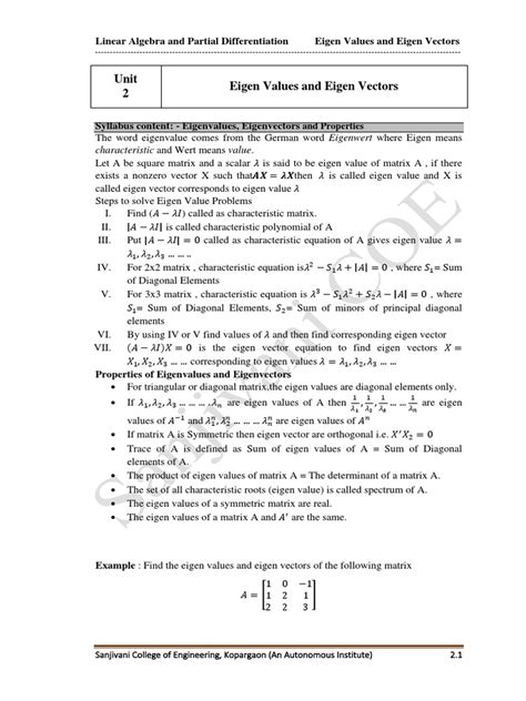 unit ii eigenvalues and eigenvectors pdf eigenvalues and
