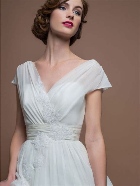 A Line V Neck Tea Length Cap Sleeve Appliqued Tulle Wedding Dress With