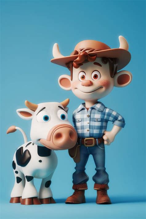 Portrait Of Cute Cattle Breeder 3d Cartoon Animation Style Stock