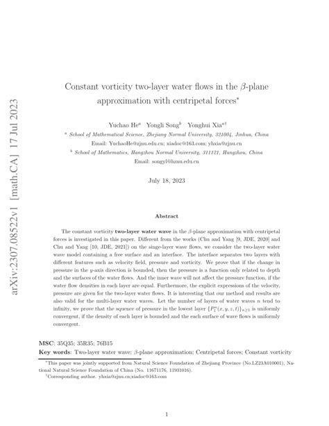 Pdf Constant Vorticity Two Layer Water Flows In The Beta Plane Approximation With