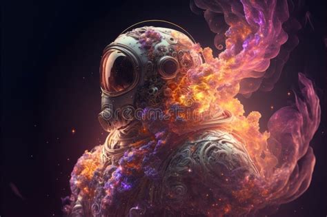 Surreal Image Of Astronaut With Floating Intrinsic Iridescent In Nebula