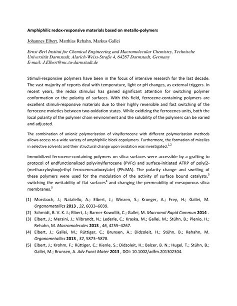 Pdf Amphiphilic Redox Responsive Materials Based On Metallo Polymers