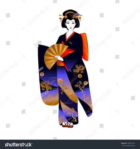 Japanese Woman Dark Longsleeved Kimono Drawing Stock Vector Royalty