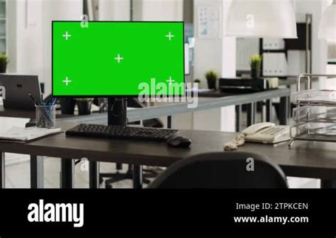 Greenscreen Desktop In Coworking Space Pc Placed On Workstation Open Floor Plan Business Office