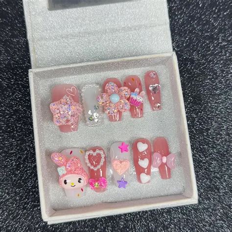 Kawaii Long Square Hellokitty Handmade Fake Nails Cinnamoroll Mymelody