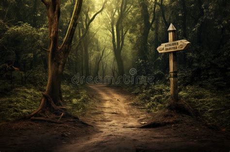Wooden Signpost In The Forest With Fog Halloween Concept Showing A
