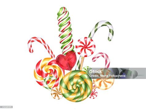 사탕 꽃다발 사탕 지팡이 나선형 캐러멜 하트 모양의 롤리팝 줄무늬 소용돌이가 있는 봉봉 다양한 모양과 맛의 단맛 다색 디저트 흰색에 고립된 수채화 그림 Candies