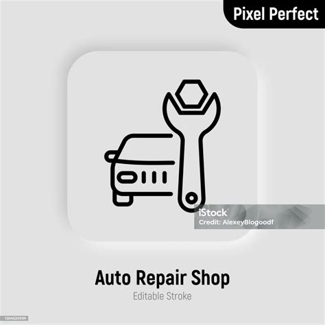 자동차 수리점 렌치와 자동차 자동차 서비스 픽셀 완벽 편집 가능한 스트로크 얇은 선 아이콘입니다 벡터 그림입니다 기계 부분에 대한 스톡 벡터 아트 및 기타 이미지 Istock